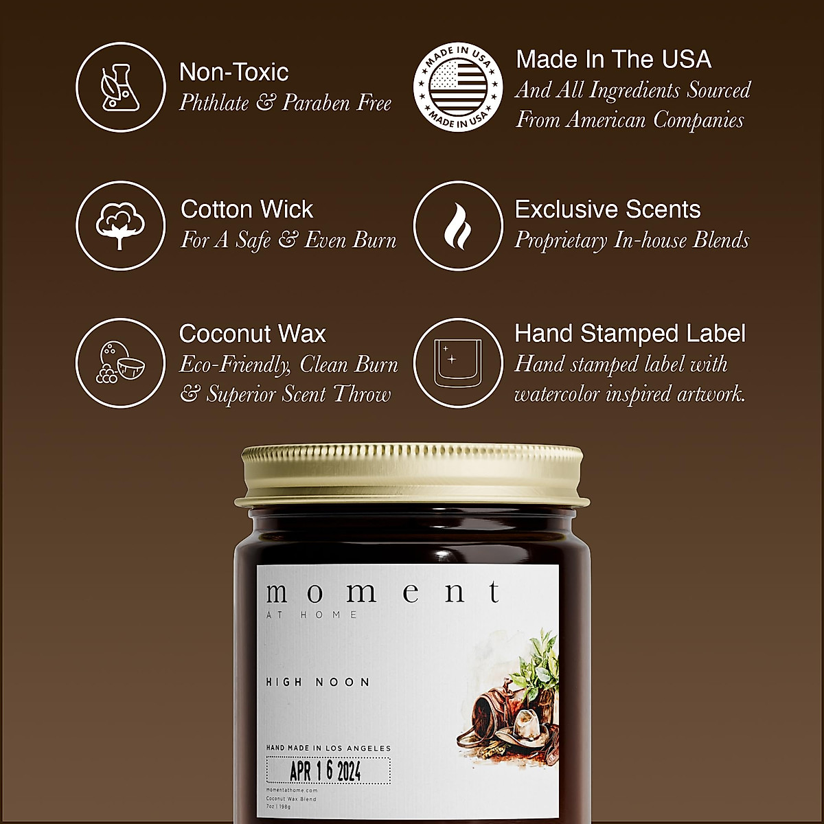 High Noon - Tobacco and Leather Scented Classic Jar Candle by Moment At Home | Natural Non Toxic Coconut Wax Candle | Hand Poured in The USA | 7 Ounce Long Lasting Up to 50 Hour Burn Time