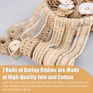 7 Rolls 14 Yards Burlap Lace Jute Ribbon for Crafts, Christmas Ribbon for Gift Wrapping, Burlap Ribbon for Holiday Party Wedding Invitations Flowers Bouquets Rustic Home Decorations