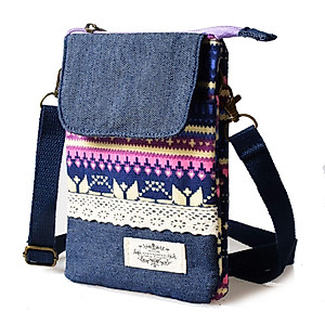 WITERY Small Canvas Cell Phone Purse Wallet- Handmade Cute Floral Cross Body Phone Pouch with Shoulder Strap for Women Teen Girls