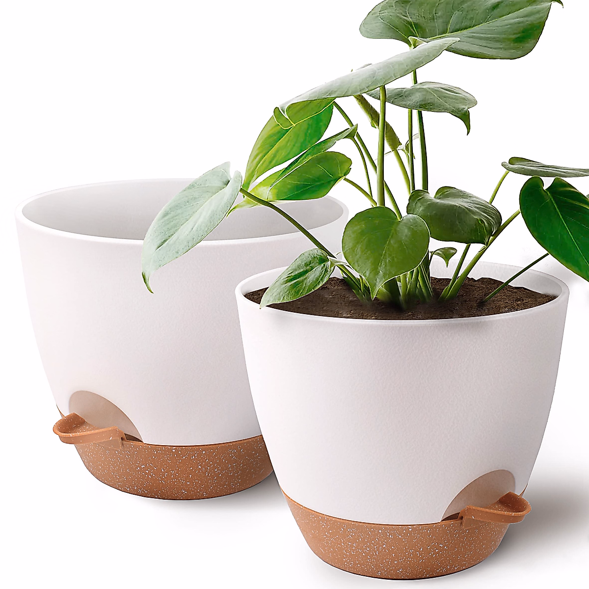 Giraffe Creation 9 inch Plant Pots 2-Pack, Self Watering Flower Pots Indoor Outdoor, Planters with Drainage Hole Saucer Reservoir, White Brown