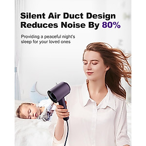 7MAGIC High-Speed Hair Dryer, 110,000RPM Brushless Motor for Fast Drying, 1400W Blow Dryer with Tri-Colour LED Light Ring, Low Noise Ionic Hair Dryer for Home and Travel, Magnetic Nozzle, Purple