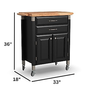 Home Styles Black Dolly Madison Prep and Serve Kitchen Cart with Natural Top, Locking Casters, Two Drawers, Two Storage Cabinets