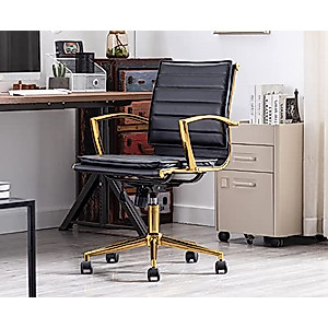 Shunzhi Leather Desk Chair with Armrest PU Leather Office Midback Adjustable Home Computer Executive Swivel Conference Task Managers Chair with Chrome Base, Black and Gold