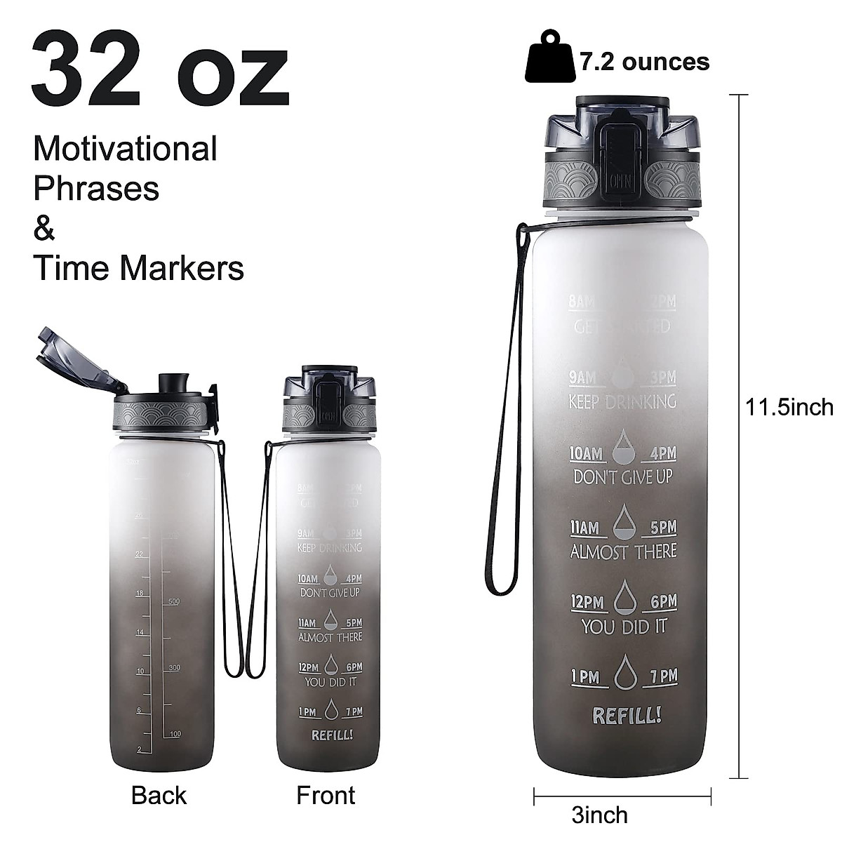 Kanglesdip 32 oz Large Water Bottle with Motivational Time Marker & Removable Strainer,Fast Flow BPA Free for Fitness, Gym and Outdoor Sports(White/Black)