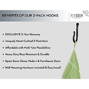 RTZEN Wall Mount J Hook - Wrought Iron Decorative Wall Hooks for Hanging Things - Handcrafted Classic Wall Mounted Black Coat Hooks - Farmhouse Towel Hooks Robe Hooks or Hat Hooks - 3 Pack