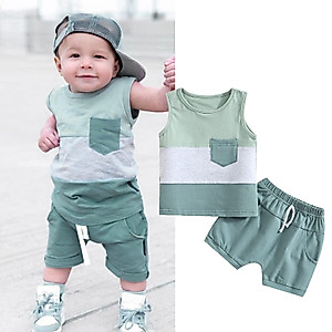 Karesoull Baby Boy Summer Clothes Patchwork Tops Sleeveless T-Shirt Infant Solid Shorts Outfit Toddler Boy Clothe Set (Patchwork Blue, 2-3T)