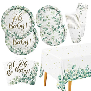 Sage Greenery Baby Shower Party Supplies Disposable Paper Plates Napkins Cups and Tablecloth for Boho Greency Party Decorations, Serve 25.