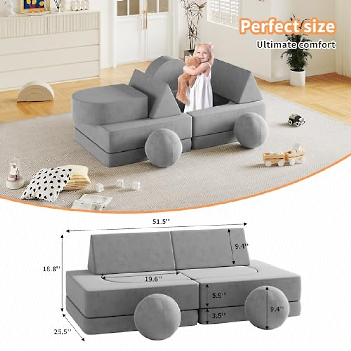 linor Kids Couch Toddler Couch 9pcs Kids Sofa Couch with Spherical Module and Tunnel Elements, Toddler Sofa Kids Fold Out Couch for Playroom Bedroom, Creative Baby Couch Kids Foam Couch (Grey)