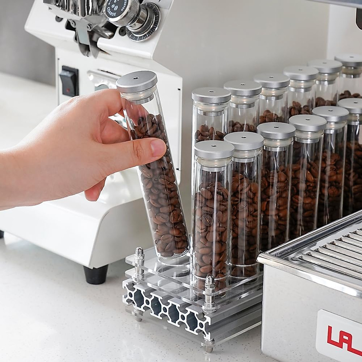 watchget 14-Piece Coffee Bean Storage Kit, Single-Dose Glass Tubes with Acrylic Stand, Airtight Coffee Cellar, Compact Bean Dispenser for Baristas & Home, Small