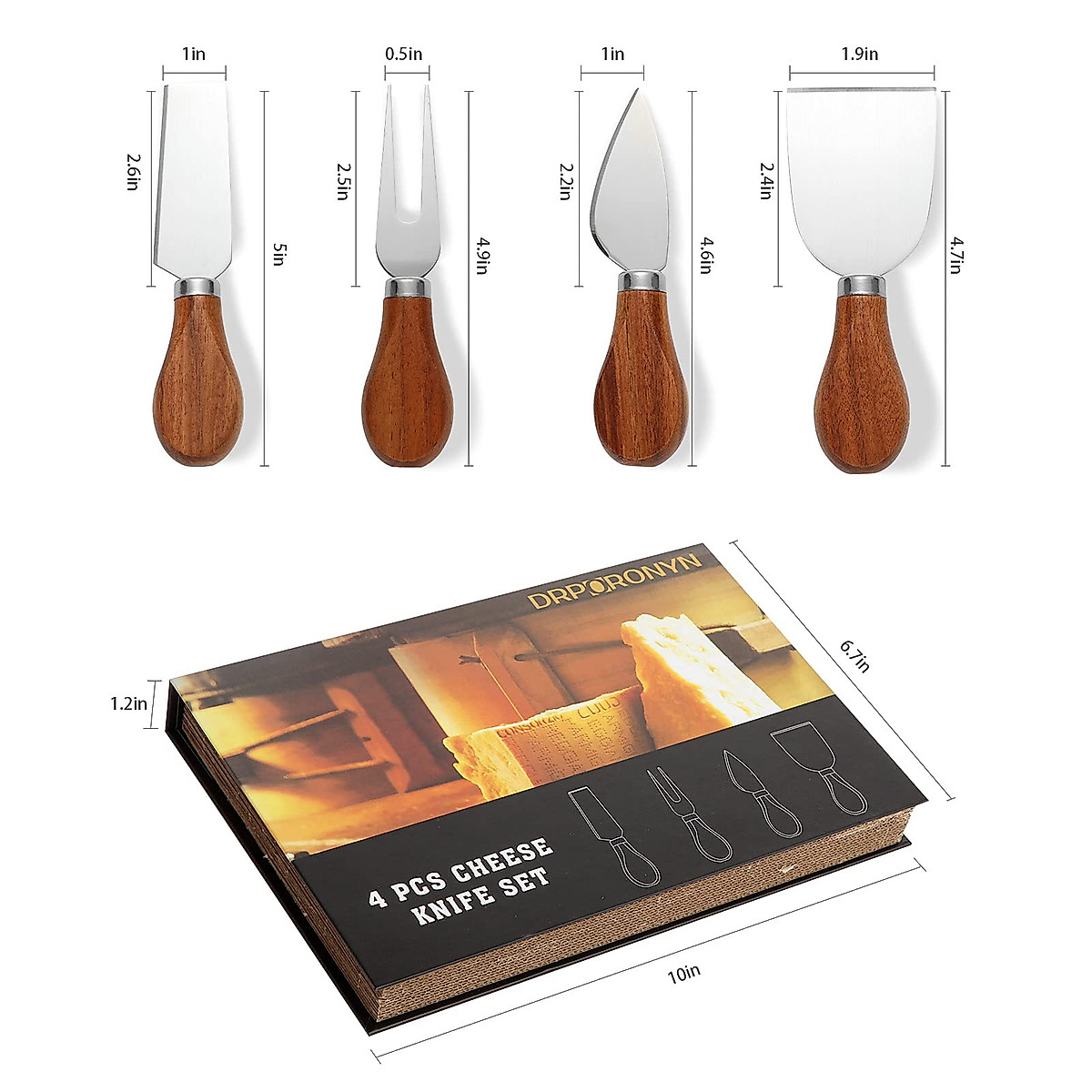 DRPORONYN Cheese Knife Set, Cheese Knives For Charcuterie Board, Stainless Steel 4-Piece Cheese Cutter (Original Aacia Handle) Gift Ready