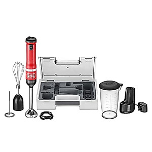 BLACK+DECKER Kitchen Wand Cordless Immersion Blender, 3 in 1 Multi Tool Set, Hand Blender with Charging Dock, Whisk and Milk Frother, Red (BCKM1013KS06)