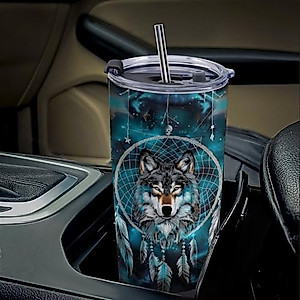 WNICELIN Wolf Moon Dreamcatcher Tumbler Insulated Travel Mug Stainless Steel Travel Tumbler Car Cup with Straw And Brush with Lid 20oz