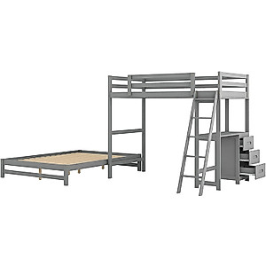 Bunk Beds Twin Over Full Size with Built-in Desk and Three Drawers, Wooden Storage Bunk Beds with Removable Bottom Bed ,Bunk Beds with Ladder & Guardrails for Kids Girls Boys ,Grey