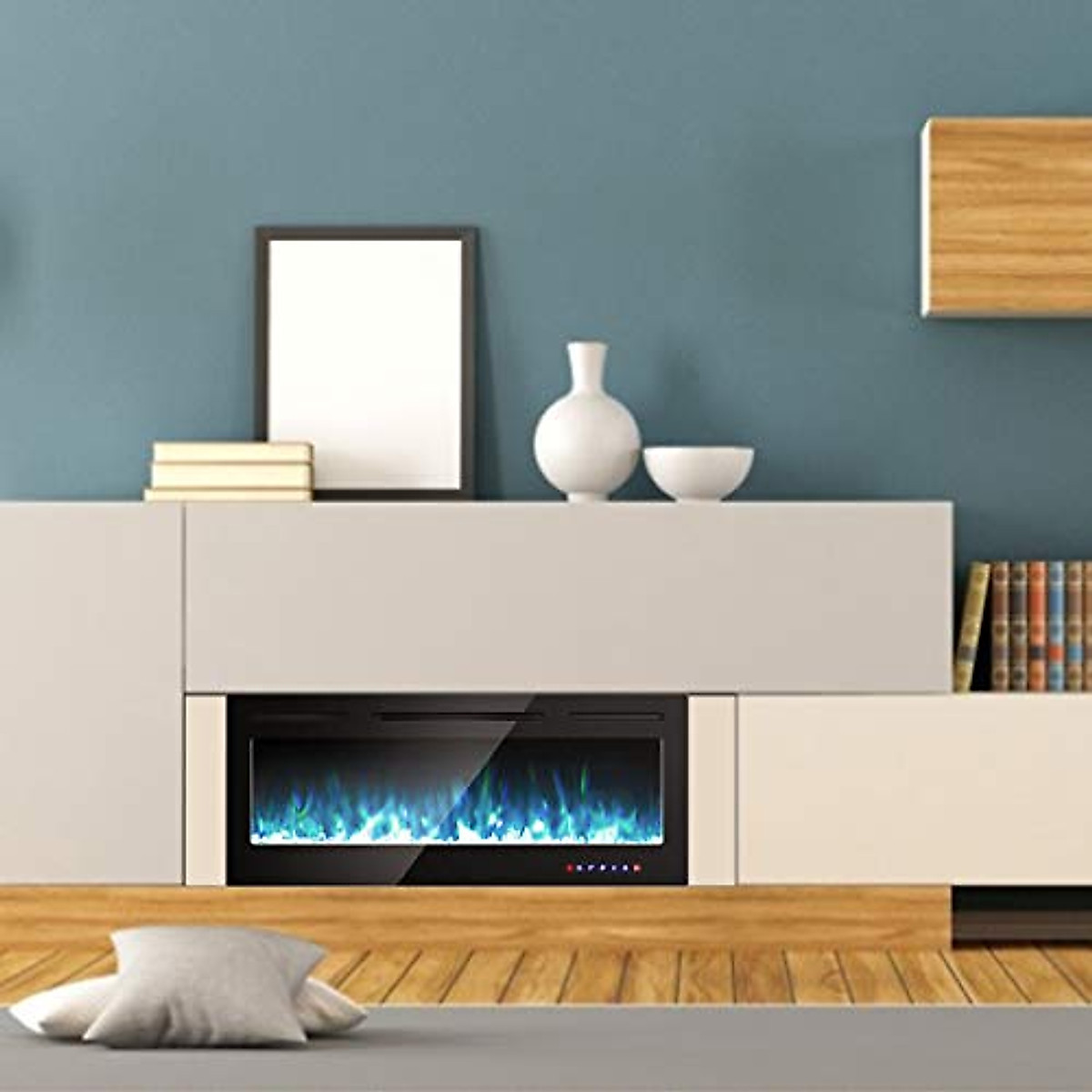 COSTWAY 50-Inch Electric Fireplace, 750W/1500W Wall Recessed and Mounted Fireplace Insert with Remote Control, 9 Flame Colors, 5 Brightness Settings, 8 H Timer, Fireplace Heater for Indoor Use