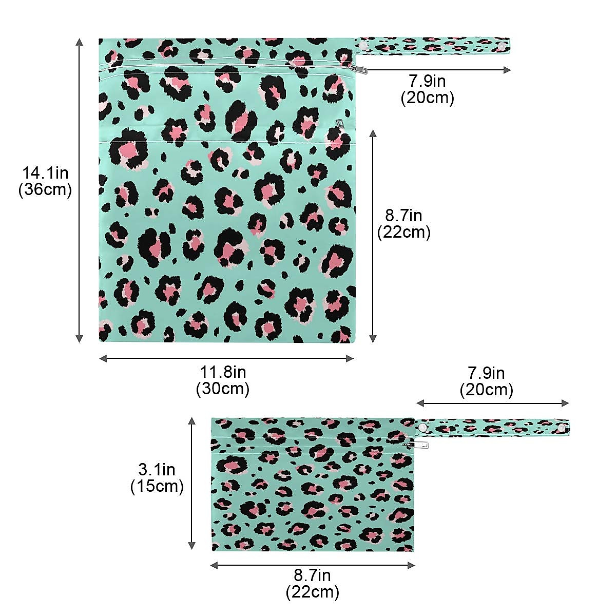 Waterproof Wet Dry Bag 2 Pack Animal Leopard Print Cloth Diaper Bag Organizer Pouch Set with Zipper Pocket Washable Wet Bag for Travel Hiking Swimsuit