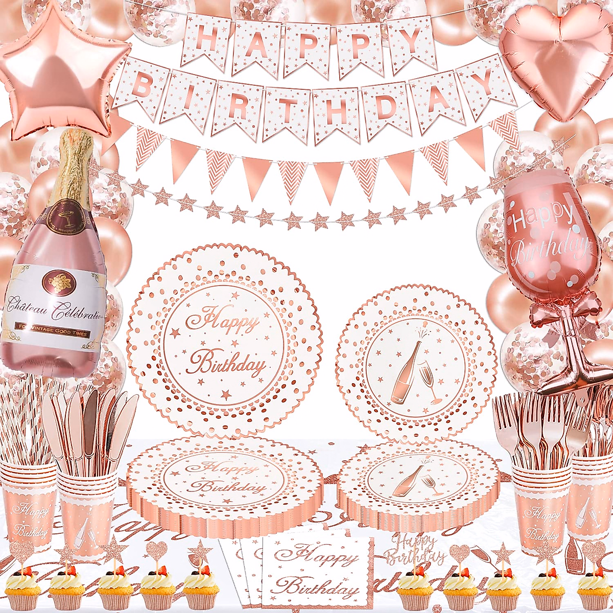 229 Pack Rose Gold & White Party Supplies Rose Gold Birthday Party Decorations Happy Birthday Dinnerware Set Rose Gold Paper Plates, Balloons, Tableclothes, Banner, Garland, Napkin, Cups Serves 20