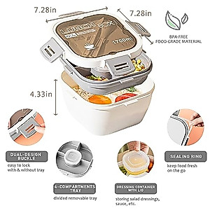 Temiminime Salad Lunch Containers for Adults with Portable Bag,60oz/1.7L Large Plastic Salad Bowls for Lunch, BPA-Free, 4-Compartment Tray & a Sauce Cup, Lid with Dual-Latches, White
