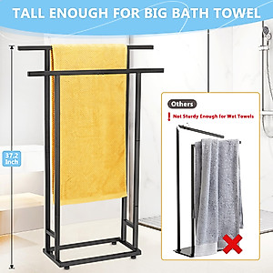 Standing Towel Racks for Bathroom, 2 Tier Bathroom Floor Free Standing Towel Rack, Tall Enough Pool Towel Rack Outdoor Stand for Drying Storage Towels, Black Freestanding Blanket Holder, ALHAKIN