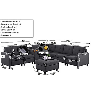 asunflower Modular Fabric Sectional Sofa Ottoman Set, L Shape Sofa Couch with Console, Cup Holder, Charging Ports Convertible Sectional Couch for Living Room Apartment