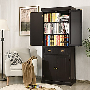 Huippy 72 inch Double Door Cupboard Freestanding Kitchen Pantry Cabinet with Four Adjustable Shelves and One Large Drawer for Kitchen Living Room Bedroom Hallway Home Office Storage (Espresso)