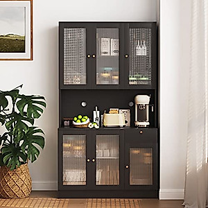 MIYZEAL Kitchen Pantry Storage Cabinet, 69'' Freestanding Pantry Cabinet with Cupboard and Microwave Stand, Modern Hutch Buffet Cabinet with 6-Doors and Drawer for Home Kitchen (Black)