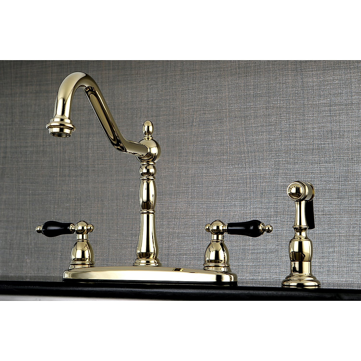 Kingston Brass KB1752PKLBS Duchess 8 inch Centerset Kitchen Faucet with Brass Sprayer, 8-5/8 inch In Spout Reach, Polished Brass