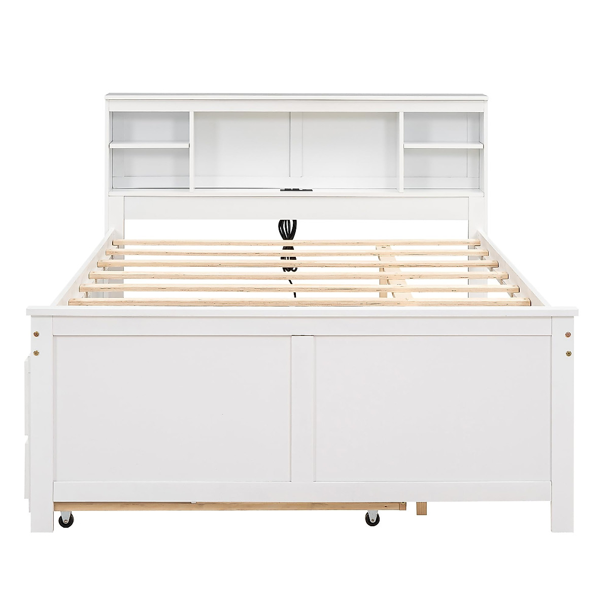 Harper & Bright Designs Full Size Bed with Bookcase Headboard, Wooden Full Platform Bed with Trundle and Drawers,Full Storage Bed with USB Ports Outlets for Kids Girls Boys,White