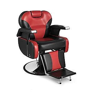 Salonsunny Black & Red Styling Salon Spa Reclining Chair All Purpose Barbering Chair Professional Vintage Heavy Duty Equipment