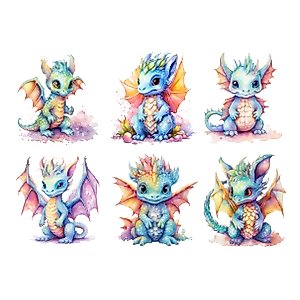 6 Piece 4"x4" Baby Dragons 100% Cotton Panel Squares - Quilting Sewing Panel Blocks AP2