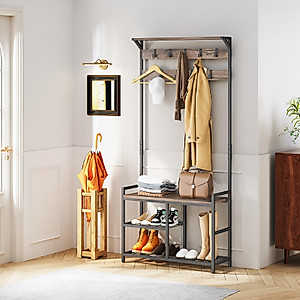 HOMEKOKO Coat Rack Shoe Bench, Hall Tree Entryway Bench with Storage, Wood Look Accent Furniture with Metal Frame, 3-in-1 Design (Dark Brown)