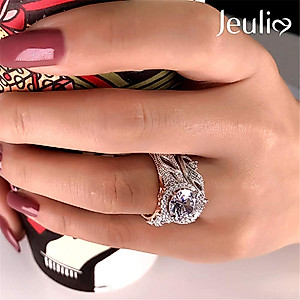 Jeulia 4 Carat Leaf Rings for Women 925 Sterling Silver 18 K Rose Gold Plated Round Cut Engagement Ring Set White Diamond Halo Cubic Zirconia Wedding band CZ Solitaire Anniversary Promise Rings (7)