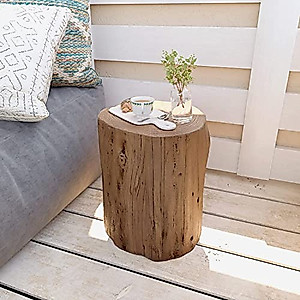 HOMPUS Concrete Outdoor Side Table Tree Stump Modern Round Coffee Table Accent Table Plant Stand Faux Wood End Table Garden Stool for Patio,Home Decor, Living Room(Light Oak)