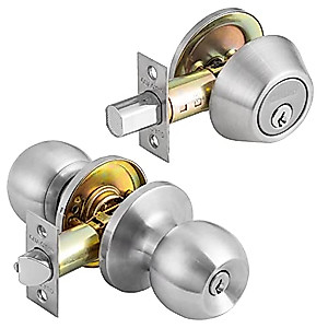 NeuType Satin Nickel 3 Pack Front Door Lock Set Front Door Handle Sets with Single Cylinder Deadbolt and Keyed Entry Door Knob, Compatible with Right & Left Handed Doors