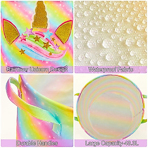 FIOBEE Unicorn Laundry Basket Rainbow Storage Bins Waterproof Nursery Hamper Canvas Toy Organizer for Kids Girls Bedroom Clothes
