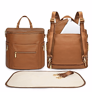 miss fong Diaper Bag Backpack Baby Diaper Bag, Large Leather Diaper Bag Backpack with Changing Pad, Stroller Straps, and 2 Insulated Pockets(Convertible, Brown)