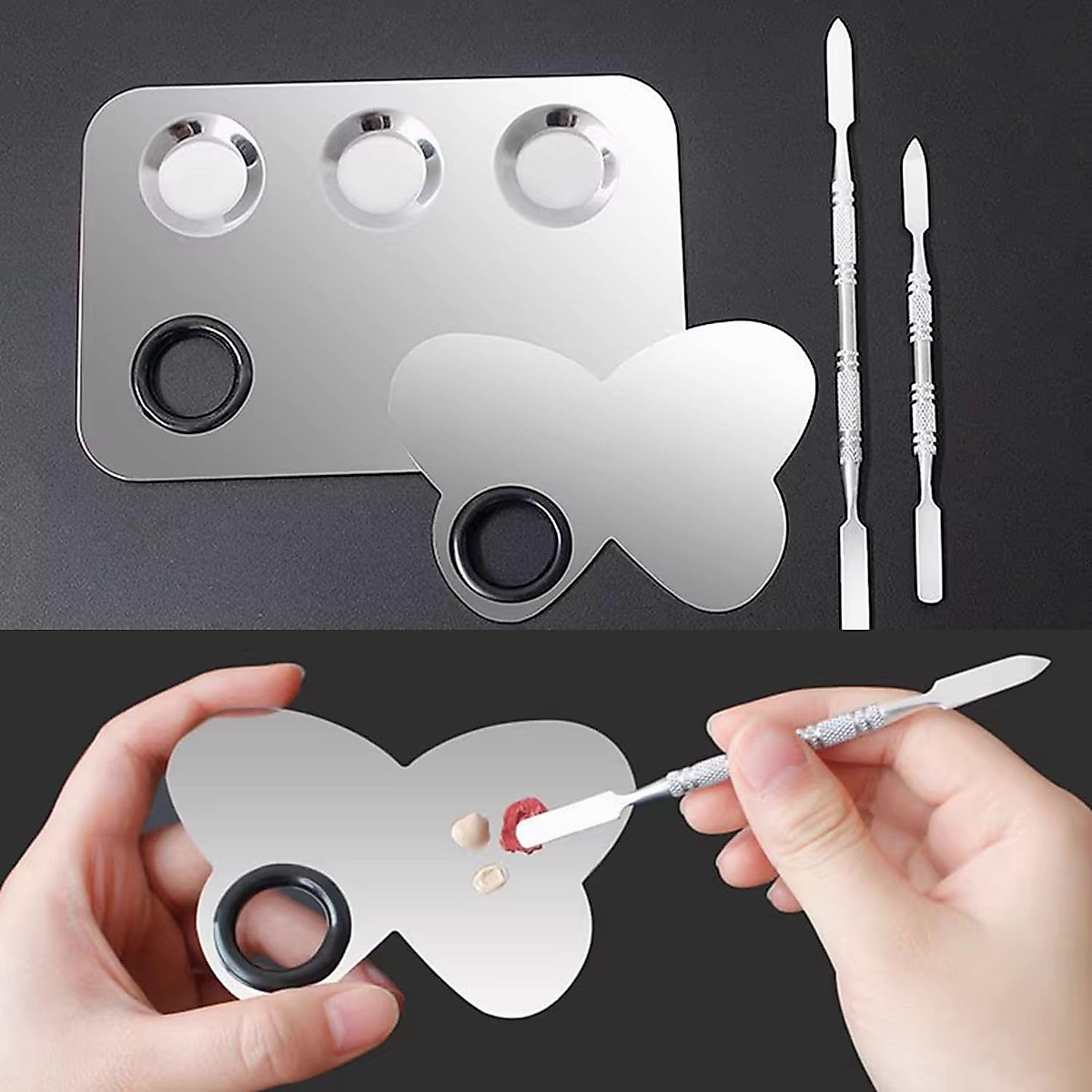 2 Pack Makeup Palette with Spatula, Stainless Steel 3-well Cosmetic Palette and Butterfly Makeup Palette, Nail-art Mixing Blending Makeup Tools for Eye Shadow, Eyelash, Lipsticks, Nail Art