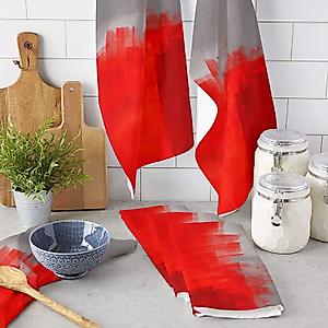 MACONAA Gray and Red Kitchen Towels Set of 2, Absorbent Dish Towel for Kitchen Microfiber Hand Dish Cloths for Drying and Cleaning Reusable Cleaning Cloths 18x28in Abstract Art Painting