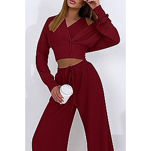 PRETTYGARDEN Womens 2024 Fall Track Suits 3 Piece Outfits Matching Sets Ribbed Knit Cardigan Cropped Tank Tops Wide Leg Pants (Wine Red,Medium)