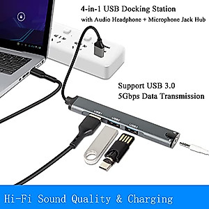 QIANRENON USB Hub, 4-in-1 USB Docking Station with 3.5mm Audio Headphone + Microphone Jack Hub Adapter USB 3.0 Multiport Allocator for Laptop Phone Headphone