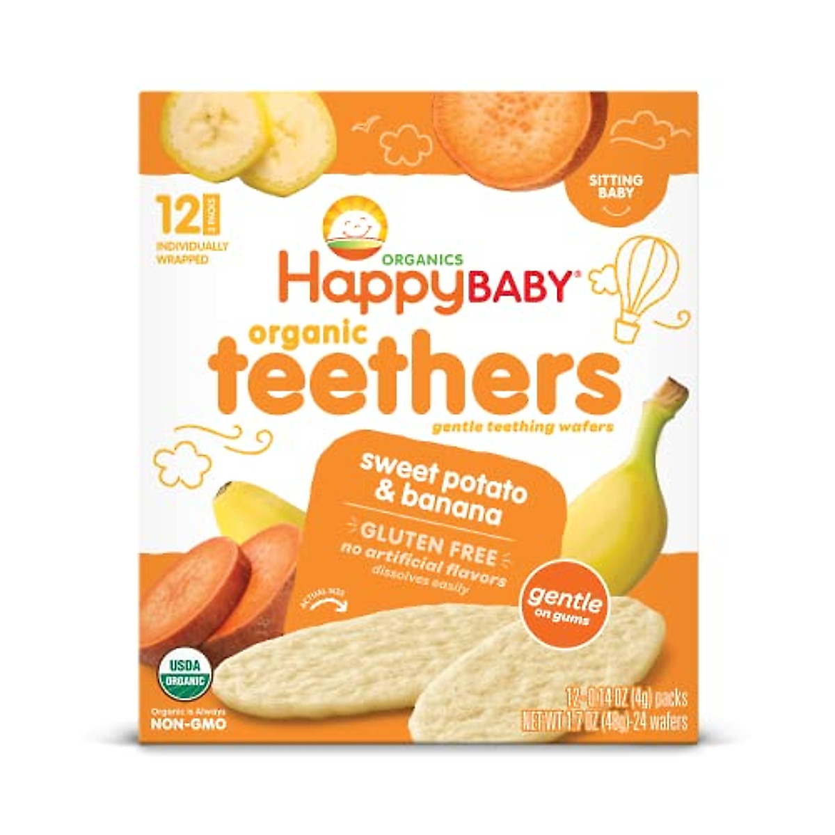 Happy Baby Gentle Teethers Organic Teething Wafers Banana Sweet Potato, Soothing Rice Cookies for Teething Babies Dissolves Easily Organic Gluten Free No Artificial Flavor,0.14 Ounce (Pack of 12)