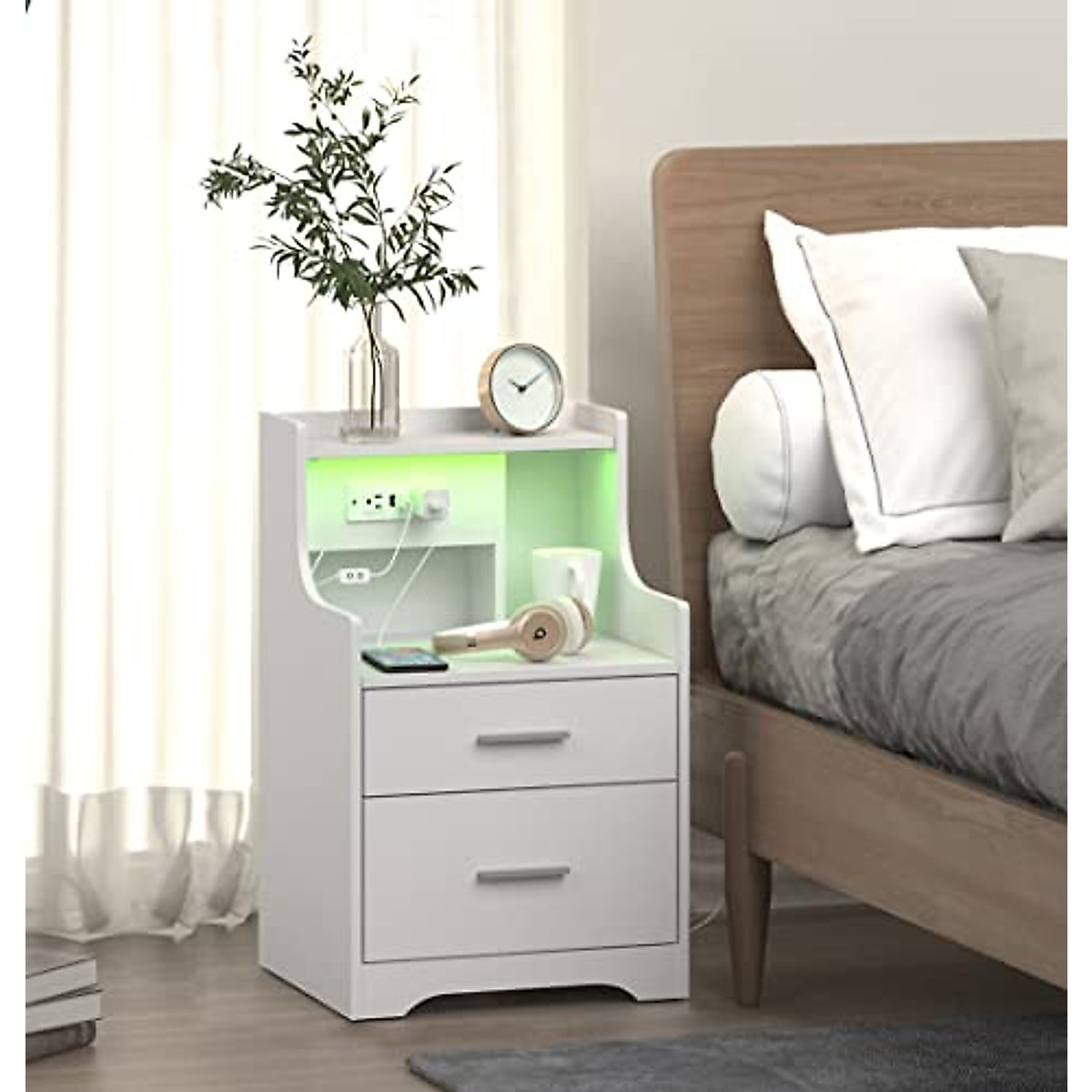 Nightstand with Charging Station & LED Lights, White Nightstand with 2 Drawers and Open Storage, Bed Side Table Night Stand for Bedroom Living Room Office, White Wood Side Table