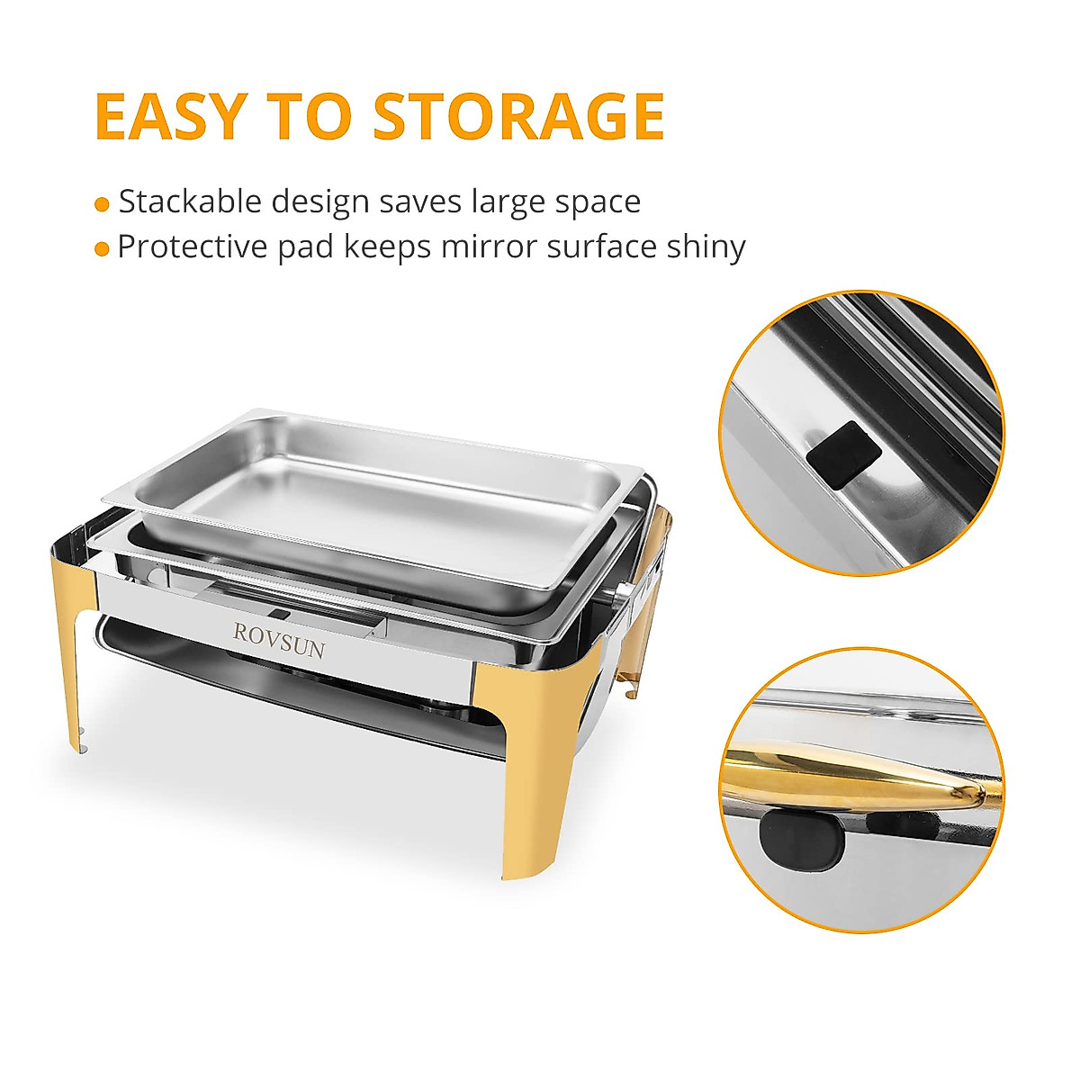 ROVSUN 3 Packs Roll Top Chafing Dish Buffet Set Gold Accent,NSF 9 Quart Rectangular Stainless Steel Chafer, Buffet Servers and Warmers Set Warming Tray for Wedding, Parties, Banquet, Catering Events