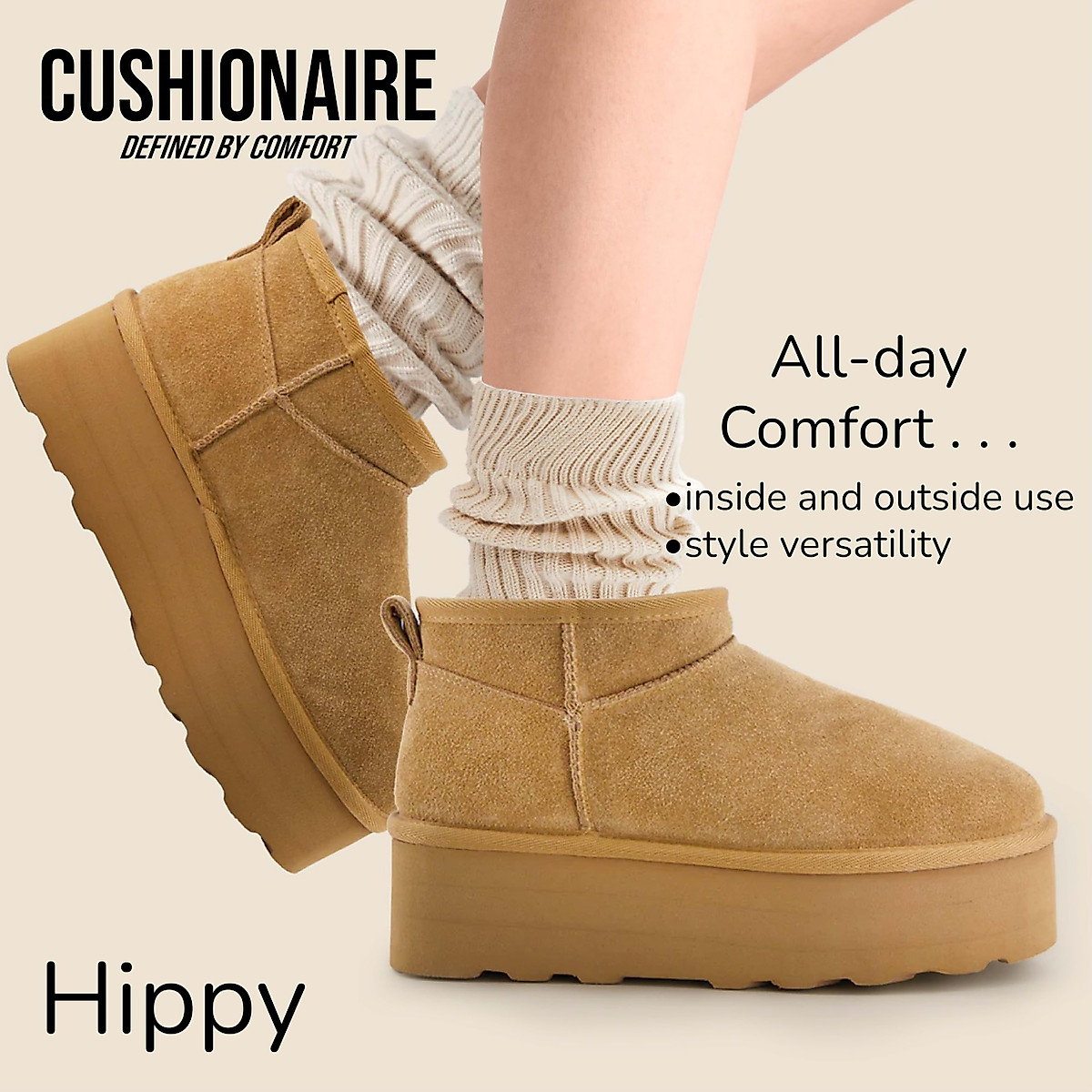 CUSHIONAIRE Hippy Women’s Platform Ankle Boots – Genuine Suede, Faux Fur Lining, Cozy Winter Slip-On Design boots for women, CHESTNUT 11