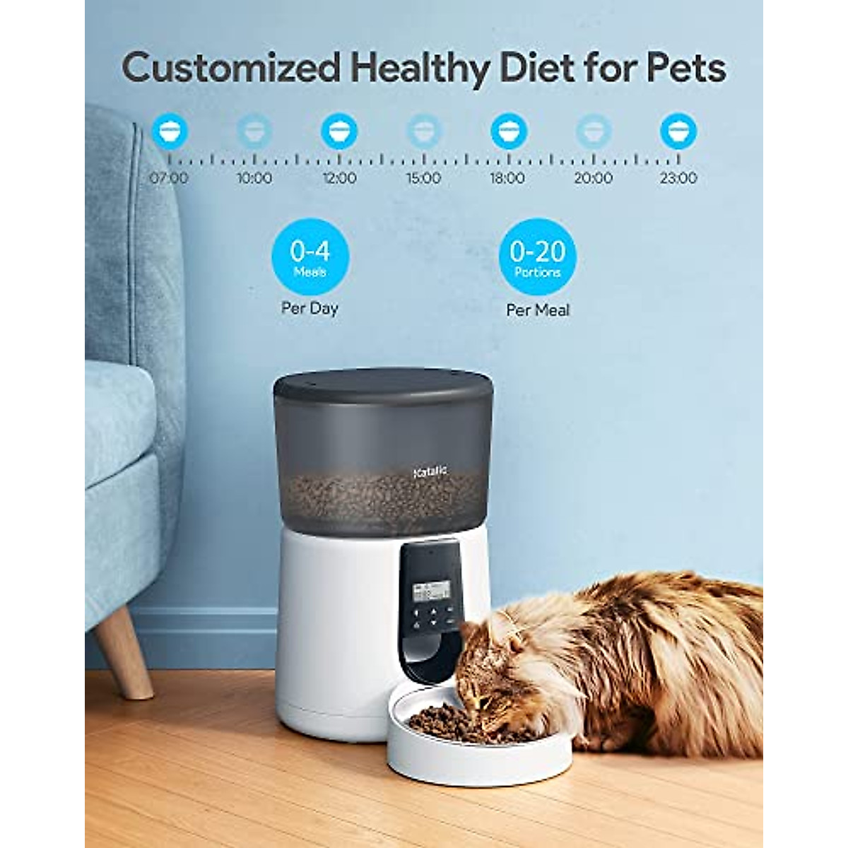 Automatic Cat Feeders, Katalic Clog-Free 4L Cat Food Dispenser with Sliding Lock Lid Storage Timed Feeder for Cat and Dogs with Voice Recorder, Programmable Meal & Portion