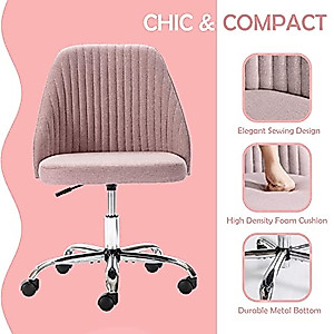 HOMEFLA Home Office Modern Linen Swivel Task Upholstered Fabric Desk Chair Armless with Wheels, Middle, Pink