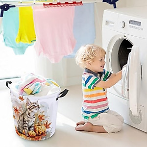 TsyTma Fall Cat Collapsible Laundry Baskets Laundry Hamper with Handles Cute Tabby Cat Pumpkins Round Dirty Clothes Hampers for Laundry Bathroom Bedroom Decor