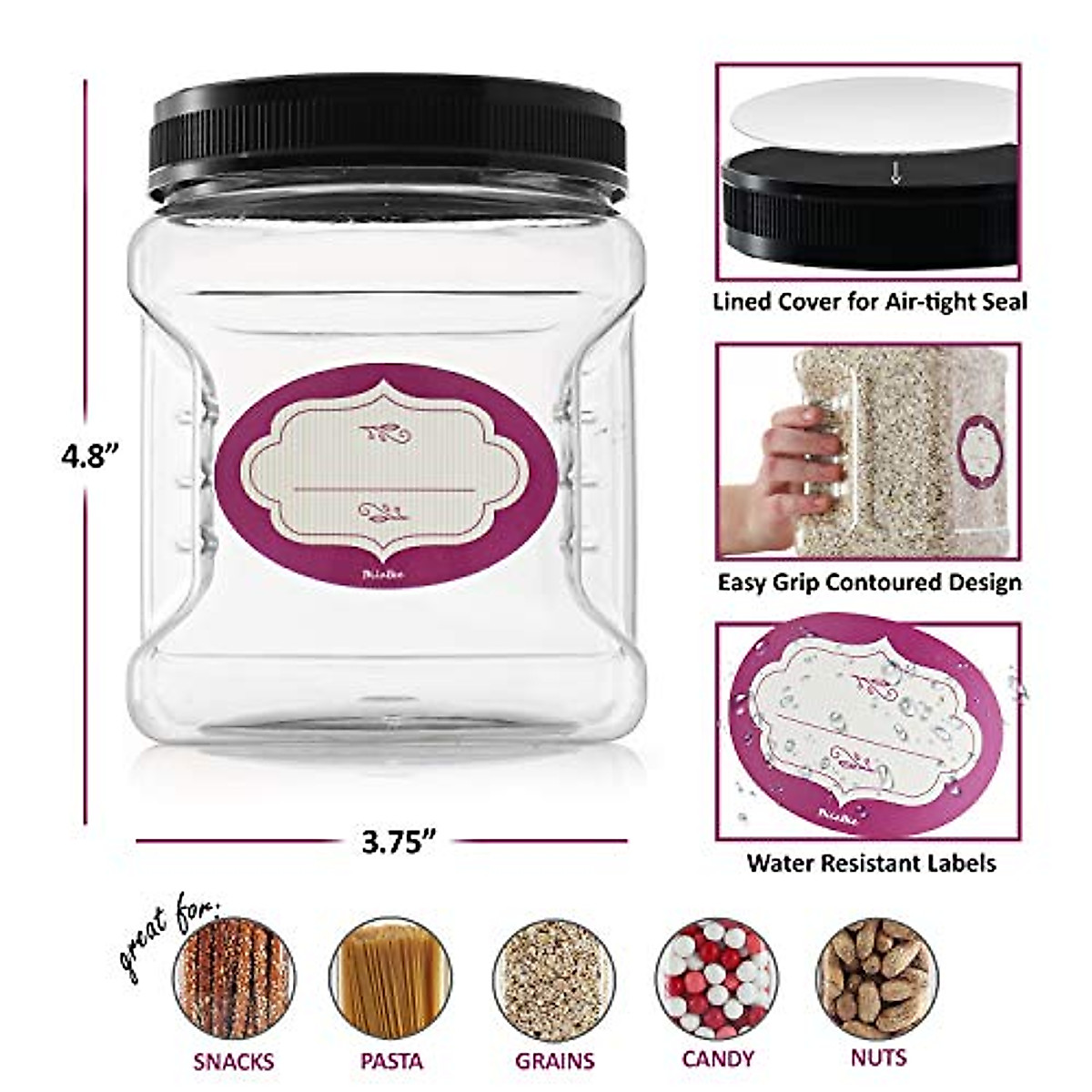 DilaBee Clear Plastic Storage Jars with Lids - 3 Pack - Square Plastic Containers with Airtight Lids - Canisters with Pinch Grip Handles - BPA-Free - 48 Oz