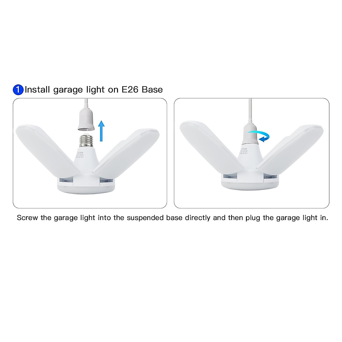 LED Garage Light 60W E26 6000LM Deformable LED Garage Ceiling Lights 6500K Daylight White Garage LED Light with 4 Adjustable LED Panels, LED Garage Lights for Warehouse Workshop Basement Lights