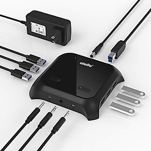 atolla USB Hub, USB 3.0 Hub with Headphone Stand, Powered USB Hub with 3 USB 3.0 Ports and 3 USB Charging Ports, 3.5mm AUX Ports with On/Off Switches, and 12V/2.5A Power Adapter