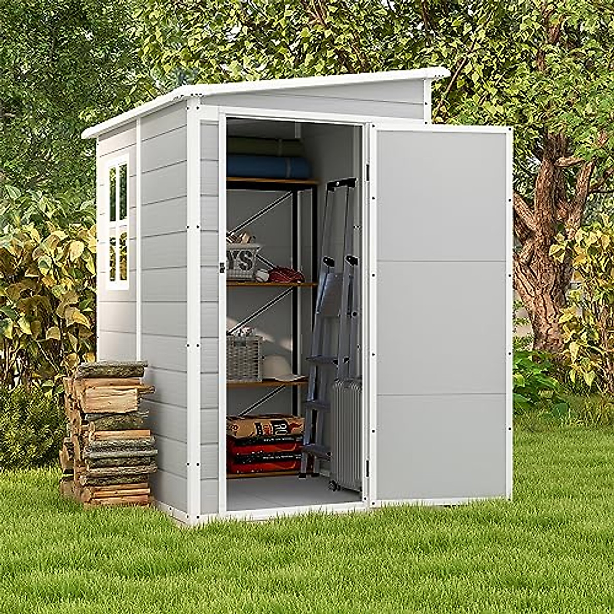 Patiowell 5x4 FT Outdoor Storage Shed, Resin Storage Shed with Floor & Window & Lockable Door for Patio Furniture, Garden Tools and Bicycle, White & Grey